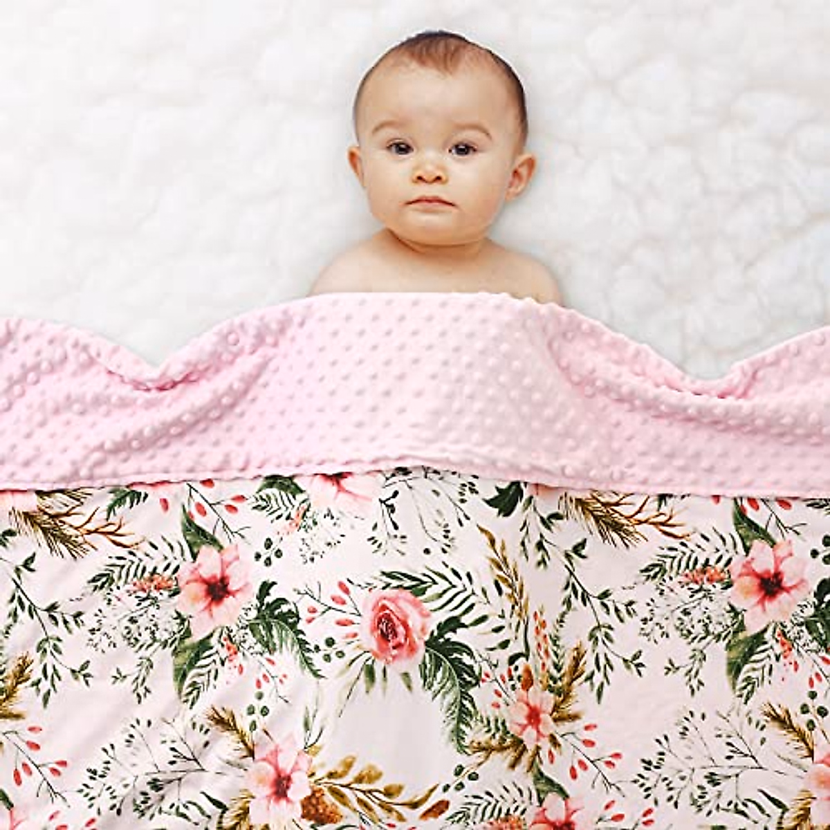 POSENPRO Baby Blanket for Boys Girls, Soft Plush Minky Baby Blanket with Dotted Backing, Lovely Flower Double Layer Toddler Receiving Blanket Throw for Stroller & Crib, 30 x 40 Inches