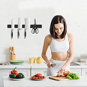 16 Inch Magnetic Knife Strip for Wall Stainless Steel Magnetic Knife Bar Rack Magnet Kitchen Knife Holder Utensil Tools Organizer Self-adhesive Drilling Dual-use Wall Hanging Knife Protection-Black