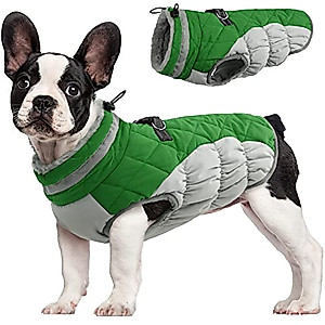 FUAMEY Dog Coat,Warm Dog Jacket Winter Coat Paded Dog Fleece Vest Reflective Dog Cold Weather Coats with Built in Harness Waterproof Windproof Dog Snow Jacket Clothes with Zipper Green Medium