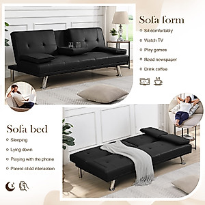 GEEVIVO Futon Sofa Bed, Modern Leather Living Room Sofa, Loveseat Folding Convertible Sofa, Couch Bed Sofa Pull Out with 2 Cup Holders with Armrest in The Middle(Black)