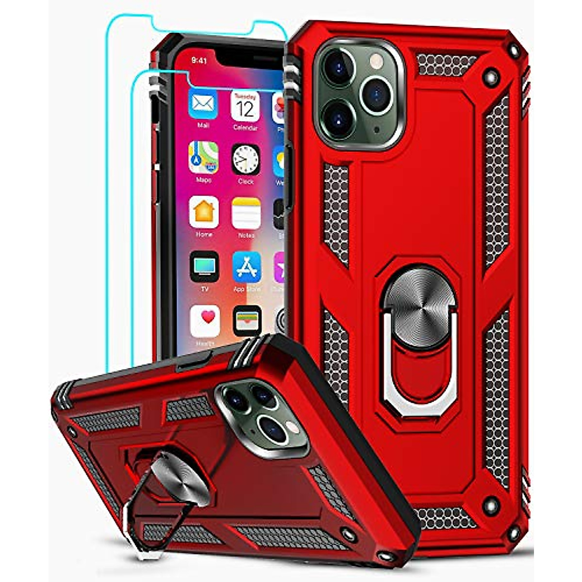 LeYi Compatible with iPhone 11 Pro Phone Case with [2Pack] Tempered Glass Screen Protector, [Military-Grade] Protective Phone Cover Case with Magnetic Ring Kickstand for iPhone 11 Pro 5.8 inch, Red