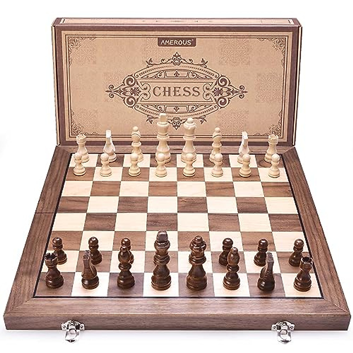 AMEROUS 15 Inches Magnetic Wooden Chess Set with 2 Extra Queens/Folding Board/Chess Pieces Storage Slots/Instructions, Portable Travel Chess Game for Beginner/Classic Board Game