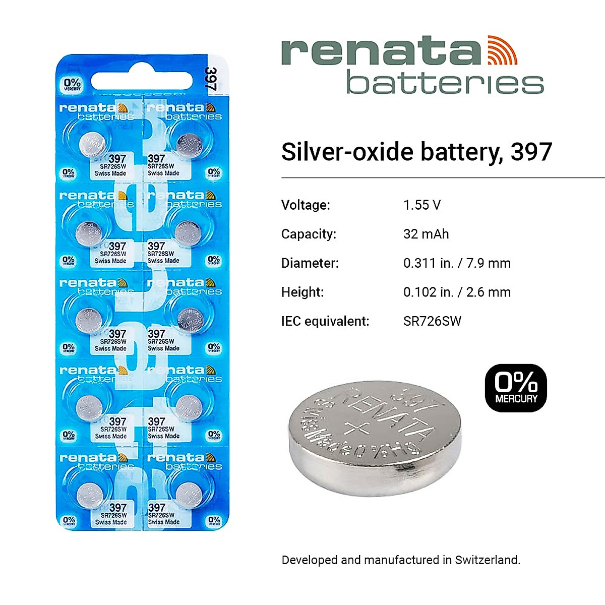 Renata Batteries 397 Silver Oxide 0% Mercury Battery (5 Pack)