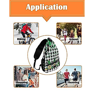 Sling Backpack, St.Patrick's Day Shamrocks Gnome Black and White Buffalo Plaid Waterproof Lightweight Small Sling Bag, Travel Chest Bag Crossbody Shoulder Bag Hiking Daypack for Women Men