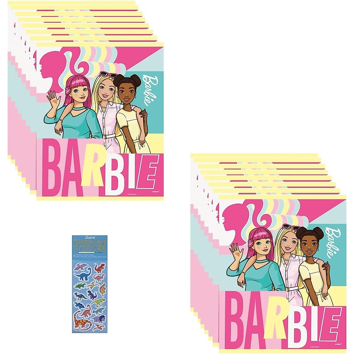 Barbie Birthday Party Supplies Bundle Pack includes 16 Plastic Favor Loot Bags and 1 Dinosaur Sticker Sheet