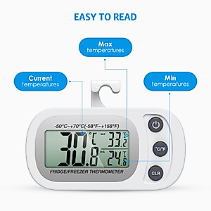 AMIR Fridge Thermometer Digital, Newest Refrigerator Thermometer 2 Pack, Mini Freezer Thermometer with Hook, LCD Display, ℃/℉ Switch + Max/Min Record, for Kitchen, Home, Restaurants