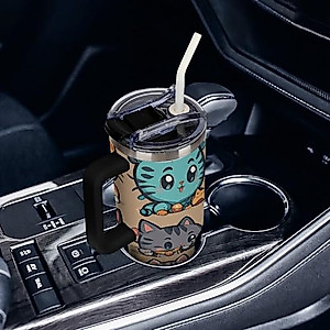 Many Cartoon Cats Insulated Stainless Steel Travel Mug, 40 Oz Tumbler with Handle And Straw Double-Wall Vacuum Coffee Cup, Leak-Proof Lid, Keeps Drinks Hot/Cold for Hours