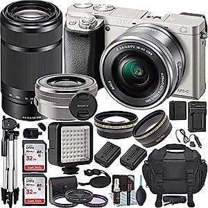 Alpha a6000 Mirrorless Digital Camera (Silver) with 16-50mm f/3.5-5.6 OSS and 55-210mm f/4.5-6.3 OSS Lens + Accessory Bundle Kit (Tripod, Travel Charger, Extra Battery, and More)
