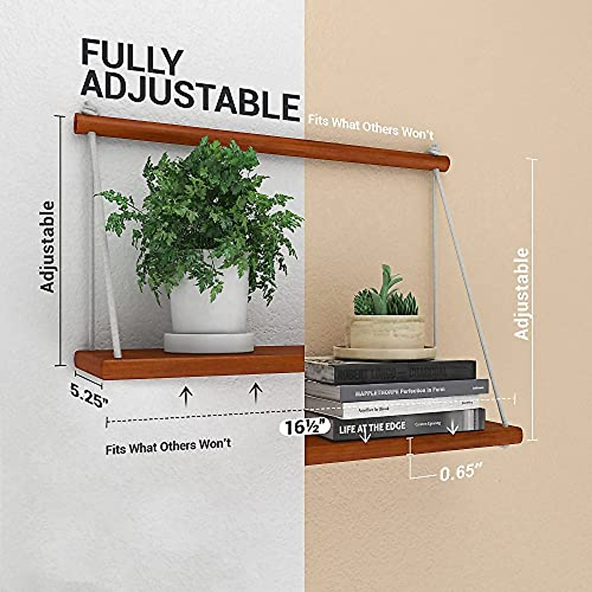 HELYA DESIGN Hanging Bookshelf for Wall Set of 2 | Stunning Solid Pine Hanging Book Shelves for Wall. 40LB Max | Macrame Rope Floating Bookshelves for Nautical Decor | Varnished Hanging Book Shelf