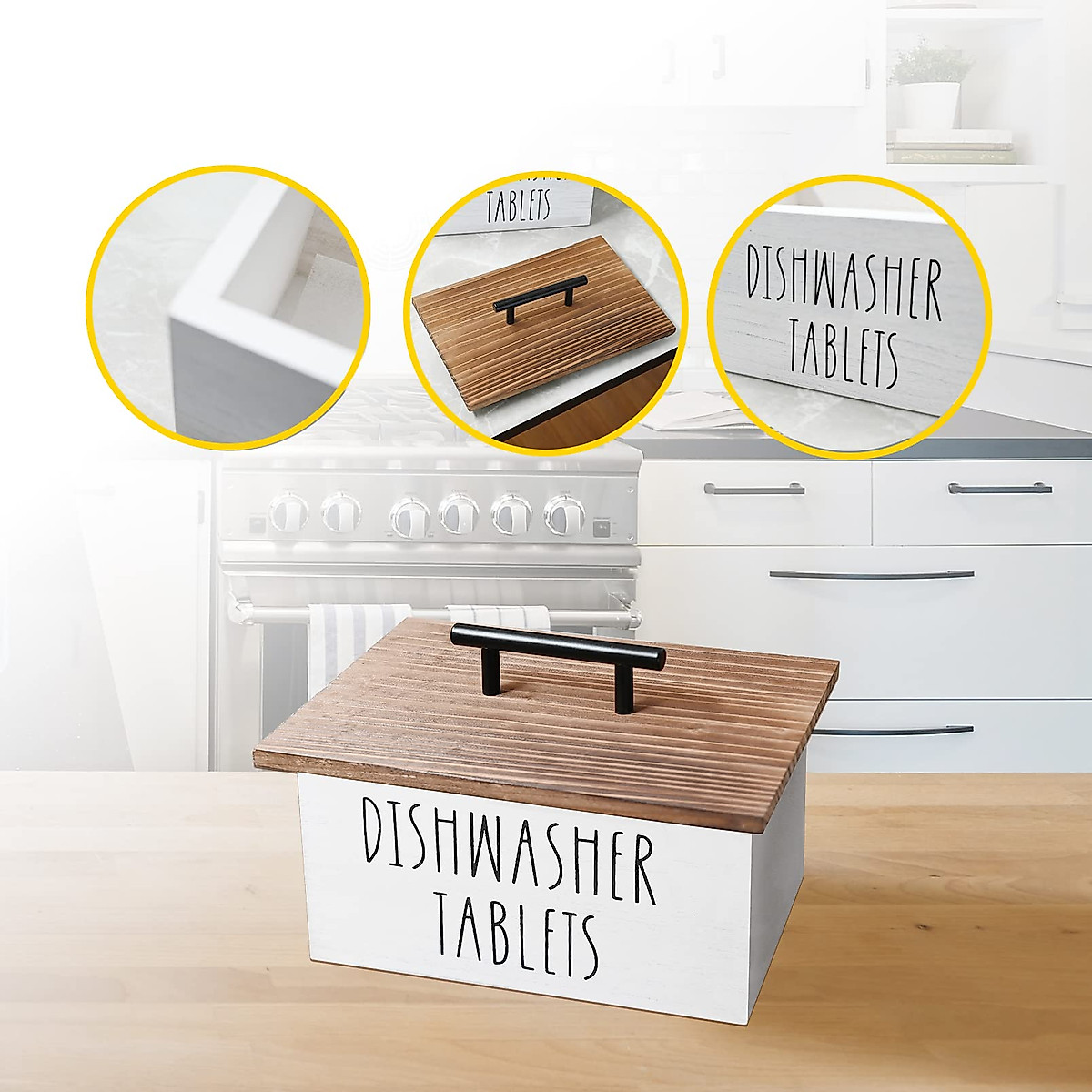 Dishwasher Pod Container, Farmhouse Dishwasher Pods Holder, Kitchen Tablet Organizer, Wood Dishwasher Tablet Dispenser Caddy, Rustic Powder Coated Box with Lid