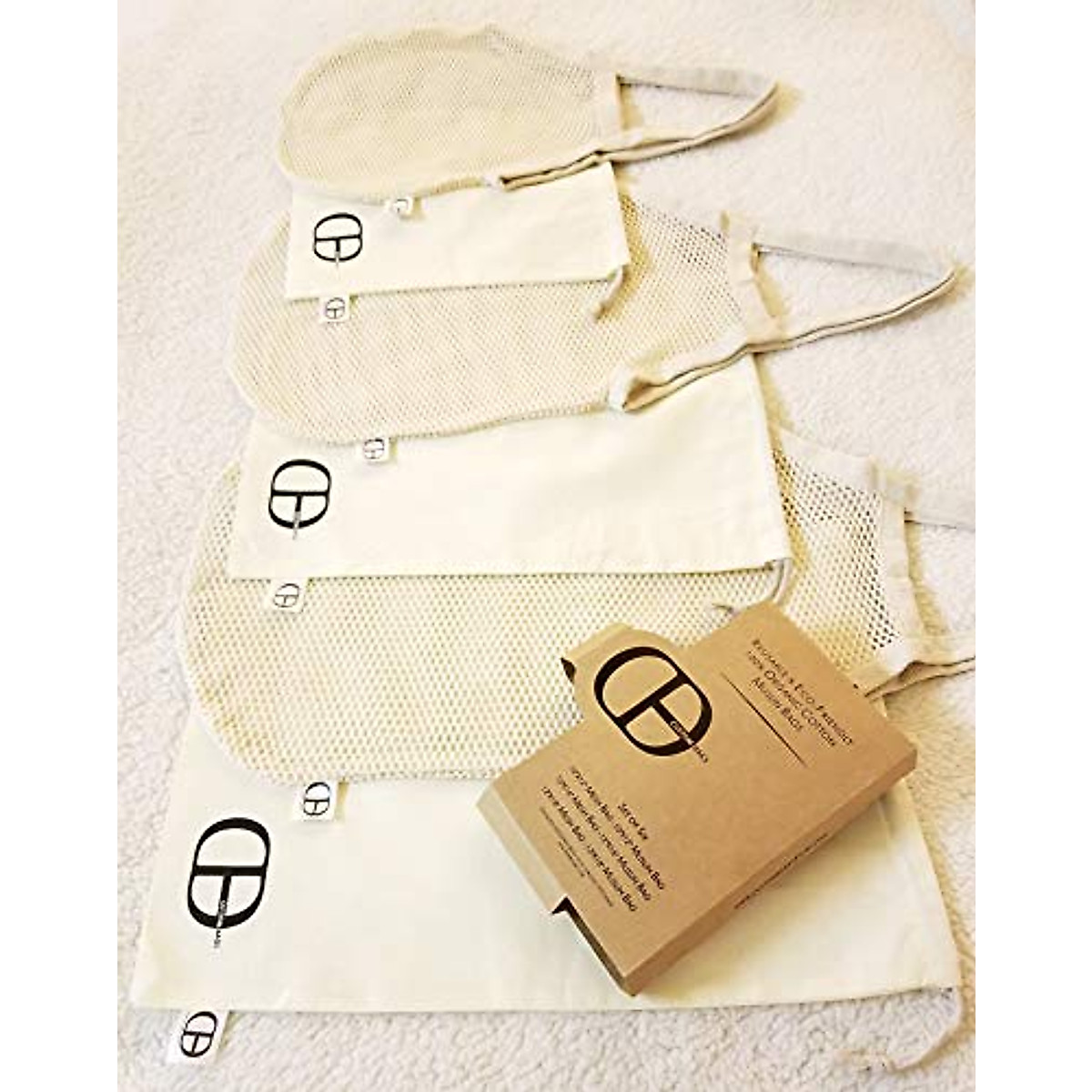 6 piece Set of Reusable Eco-Friendly 100% Cotton Muslin and Mesh Produce bags includes M, L, XL sizes