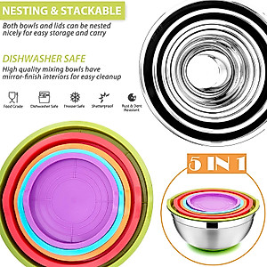 E-far Stainless Steel Mixing Bowls Set of 5, Size 7/3.5/2.5/1.5/1 QT, Metal Nesting Bowls with Colorful Airtight Lids & Non-Slip Bottoms, Great for Kitchen Cooking, Baking, Serving, Food Prep
