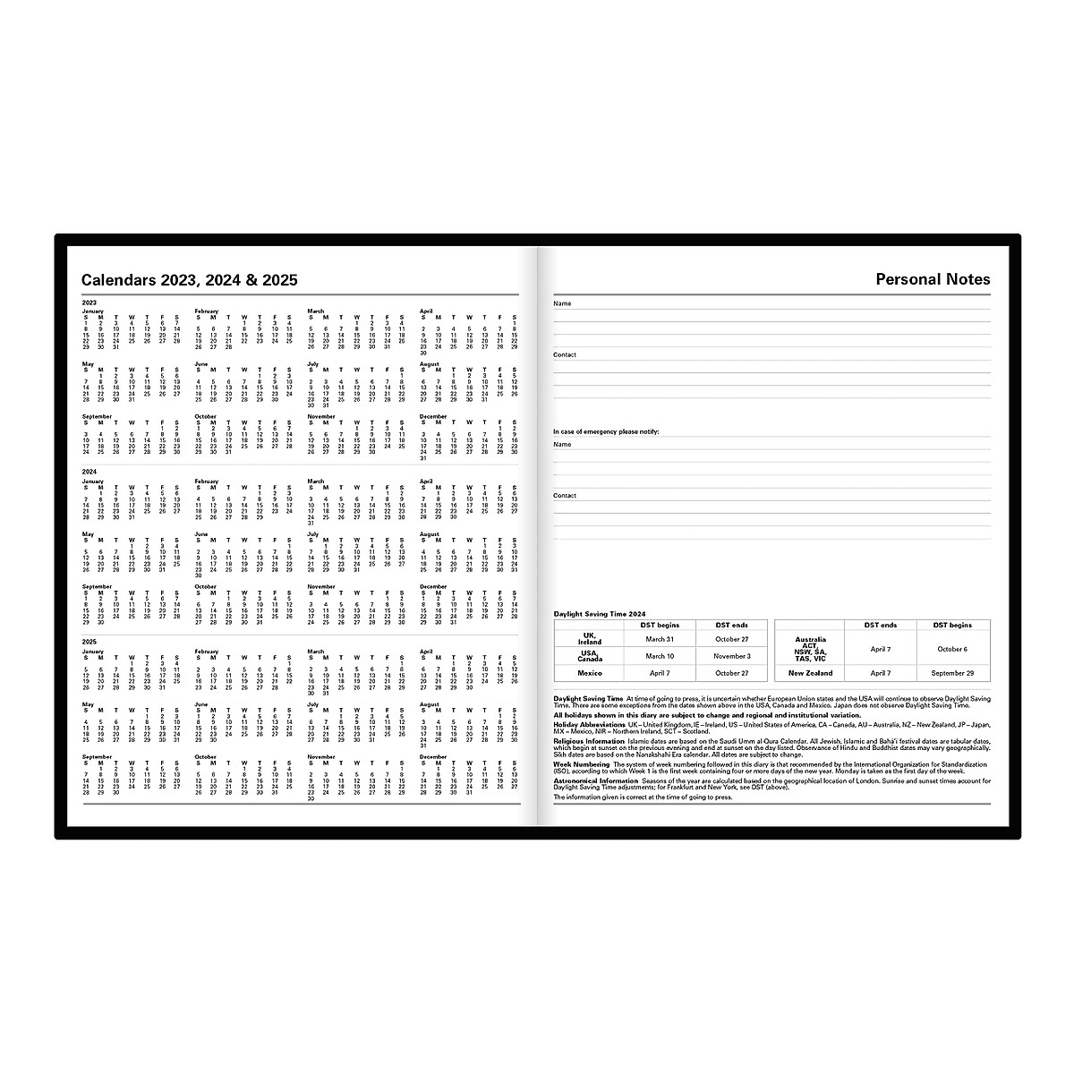 Letts of London Standard Daily Planner, 12 Months, January to December, 2024, Day-Per-Page, Quarto Size, 10.25" x 8.25", Black (C10YBK-24)