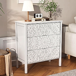 PHOYAL 3-Drawer Dresser Chest, Modern Wooden Flower Motif Dresser with Wide Storage Space Chest of Drawers Bedside Nightstand Dresser Closet for Living Room Bedroom, Hallway (White)