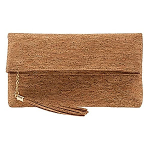 JNB Women's Cork Material Foldover Clutch with Tassel, Gold