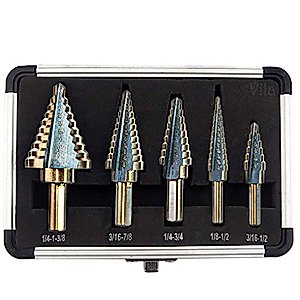 Vila 5-Pieces High Speed Steel Drill Set, Triangle-Shaped with Round Handle, Multiple Hole Sizes, Aluminum Case Included, for Laminates, Plastics, Plywood, Acrylic, Thin Metal