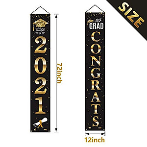 Whaline Graduation Hanging Banner, Graduation Porch Sign Backdrop Congrats Graduation Party Decorations for Home School Wall Door Yard Apartment (Black, Gold and White)