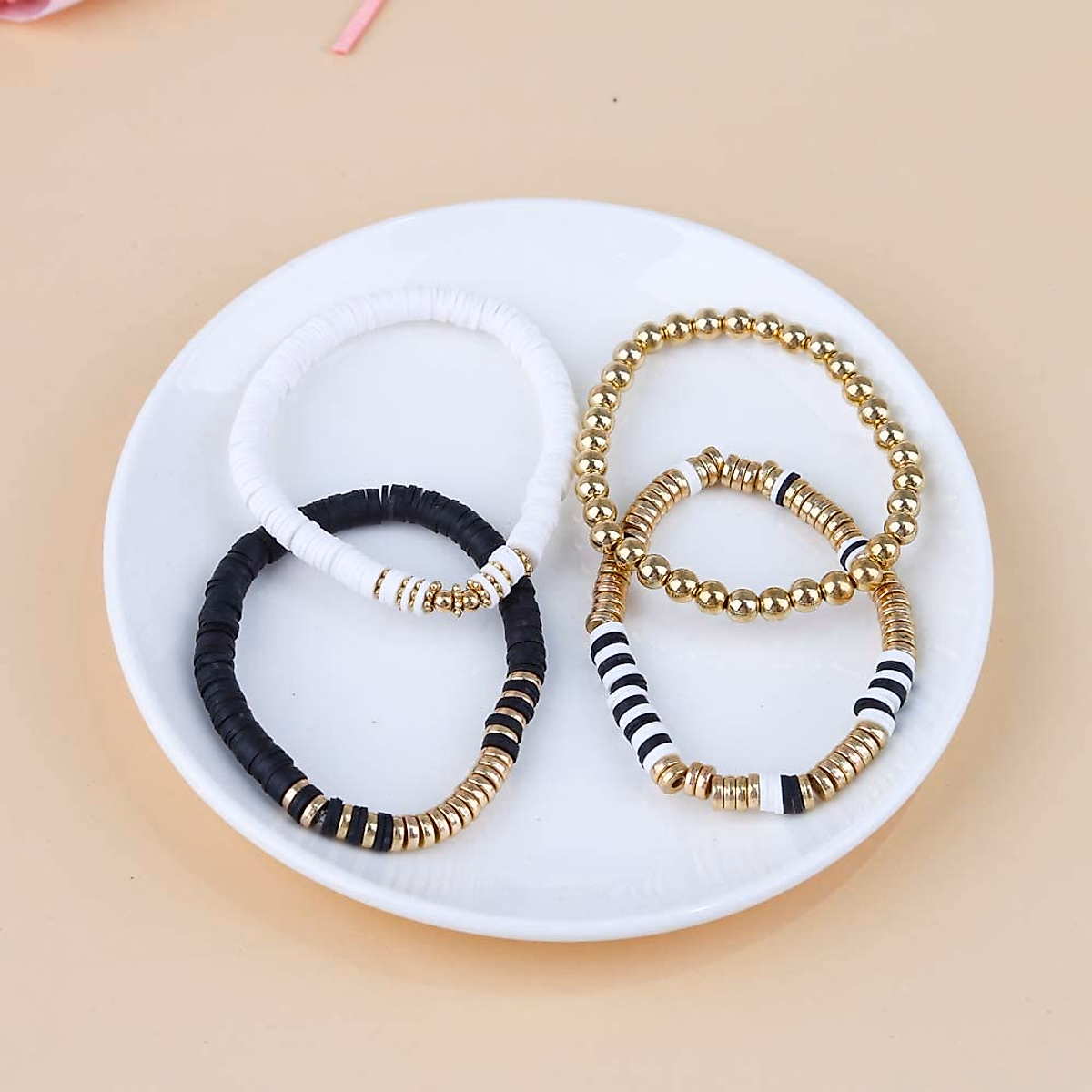 Colorful Surfer Stretch , Letter Vinyl Beads Bracelet Set, Handmade Elastic Rope Heishi, Summer Beach Bracelet for Women