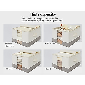 LoforHoney Home Large Storage Bins with Lids, Collapsible Storage Bins with Clear Windows, Blanket Storage Baskets with Zip Lids, Closet Storage Bins for Clothes, Beige & Gray, 2-Pack, 17.7x13.8x9.8