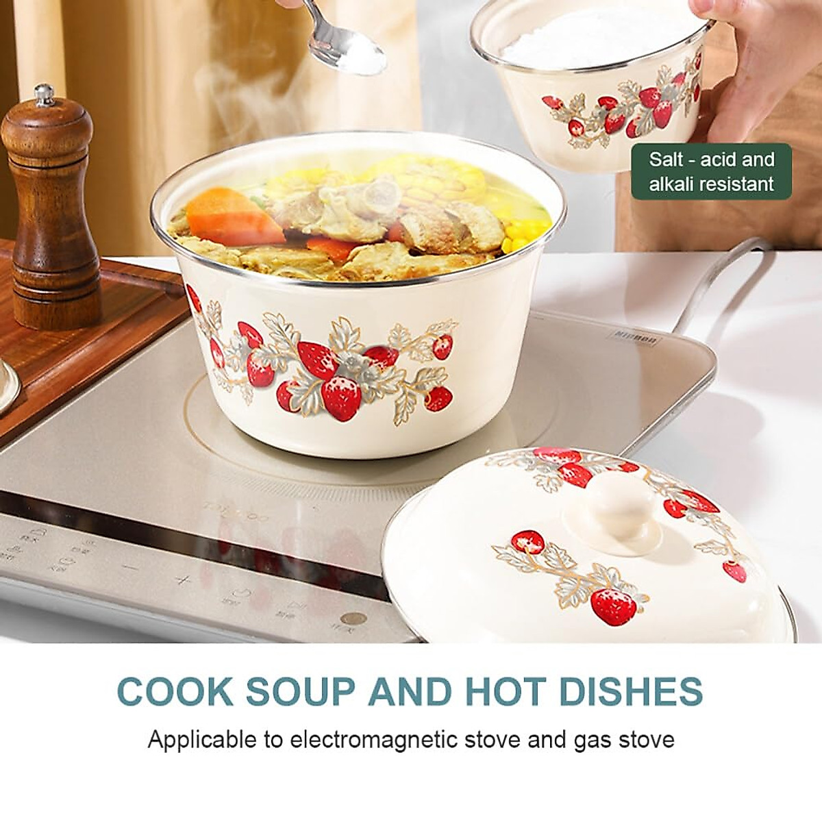 Enamelware Serving Bowl Vintage Large Enamel Food Bowl: Retro Floral Style Soup Basin with Lid Farmhouse Enamelware Deep Dish Bowls for Pasta Salad Cereal Soup 18cm Random Pattern Enamel Nesting Bowl