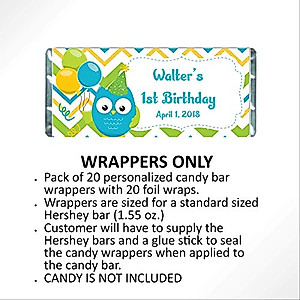 Owl Birthday Party Favors, Personalized Candy Wrappers for Chocolate, Pack of 20 Custom Hershey Bar Labels