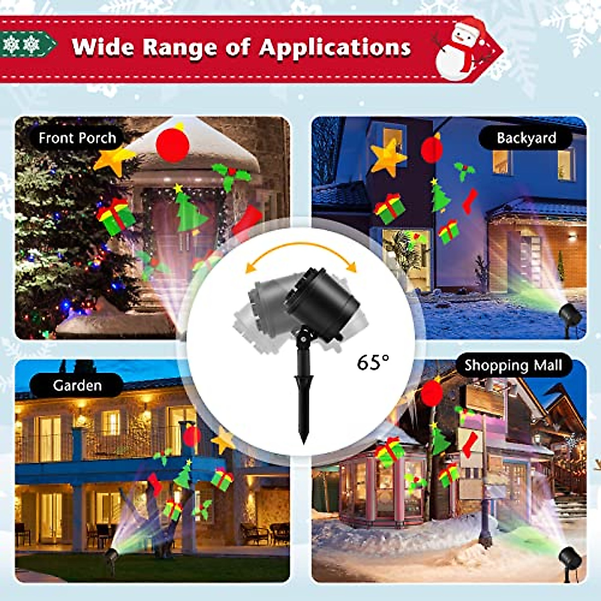 Goplus Christmas Projector Lights, Rotating Projection Lamp with 65° Adjustable Angle, Lawn Stake, Water Proof Landscape Decorative Lighting for Christmas, Holiday, Party, Garden