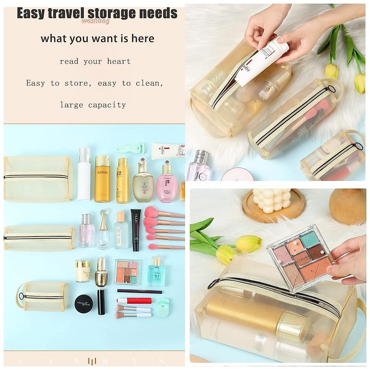Gidary Mesh Cosmetic Bag Mesh Zipper Pouch Clear Cosmetic Bags for Home Travel Accessories Organizer 3PCS (Beige)