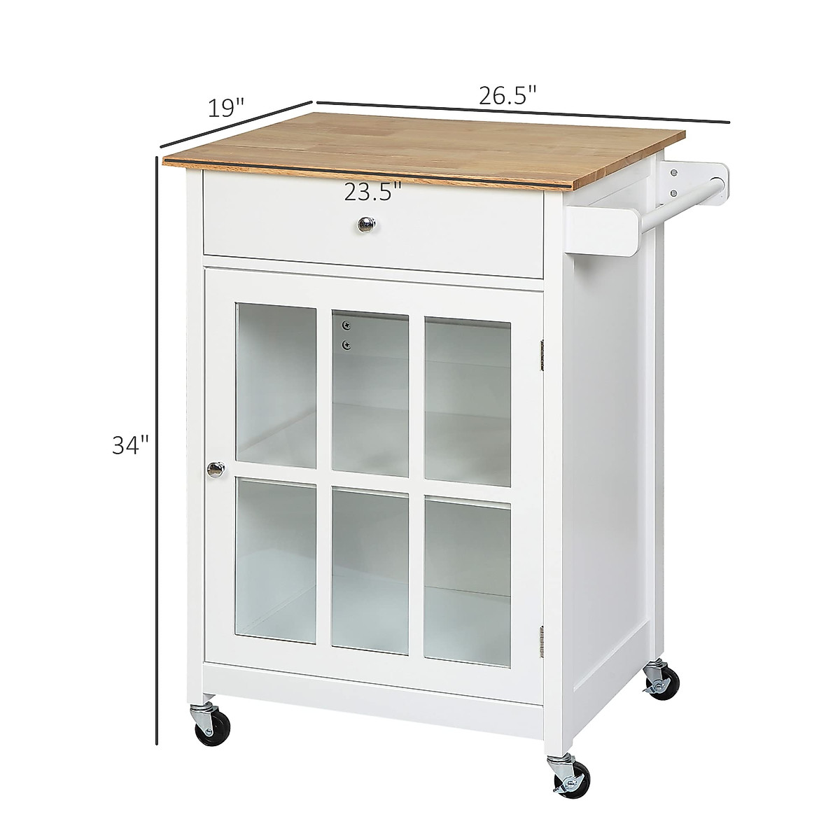 HOMCOM 27" Rolling Kitchen Island Cart with Drawer and Glass Door Cabinet, Kitchen Trolley with Adjustable Shelf and Towel Rack, White