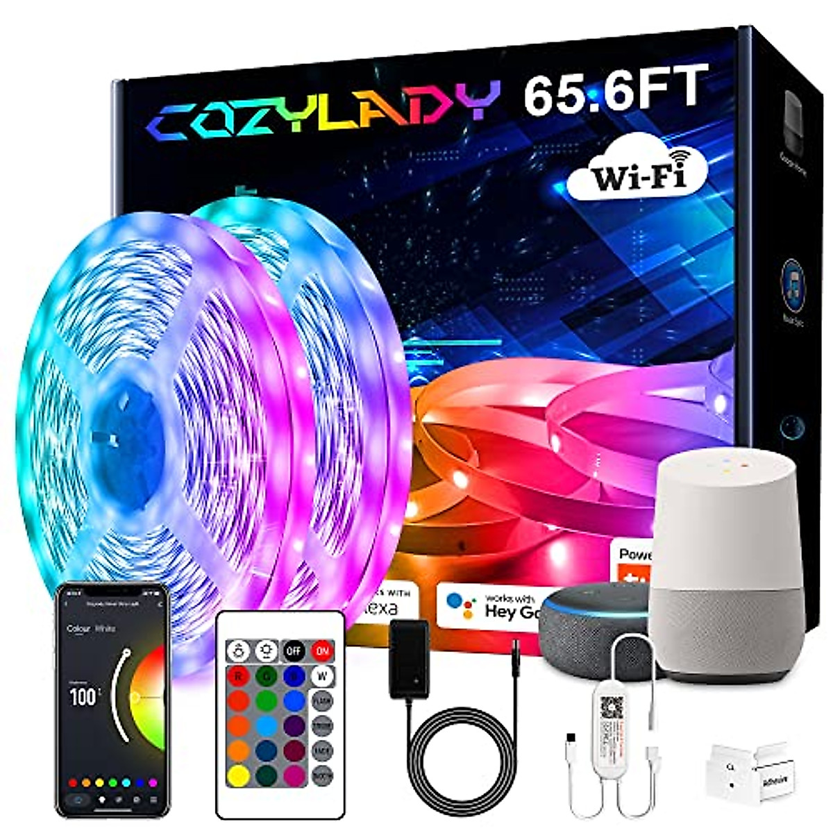 Cozylady WiFi LED Strip Lights 65.6FT, Smart LED Light Strips Compatible with Alexa, Google Home, Smart RGB Music Sync LED Lights Strip for Bedroom, Children's Room, Kitchen