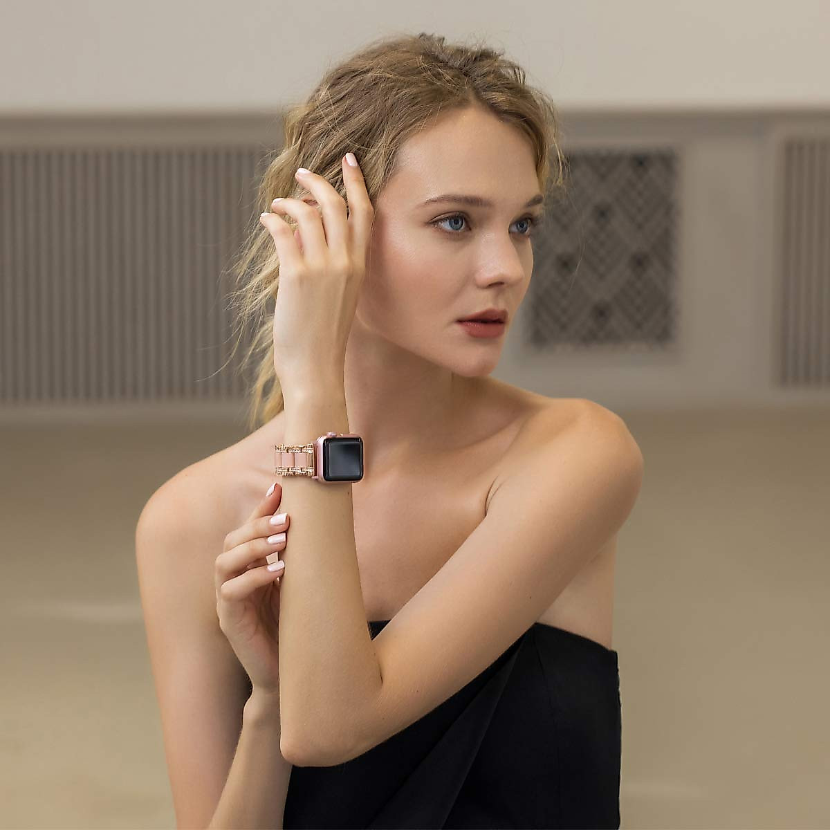 Moolia Metal Band Compatible with Apple Watch Band 38mm 40mm 41mm Women Rhinestones Resin Wristband Bling Diamond Bracelet Replacement for iWatch Series 9 8 7 6 5 4 3 2 1 SE Ultra, Rose Gold + Pink