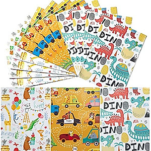 AccuLess 12 Sheets Children's Birthday Wrapping Paper Boys Girls Kids Dinosaur Happy Birthday Recyclable Package Wrap Paper for Party,Baby Shower,Christmas Folded Flat 19.7 x 27.5 Inch Per Sheet