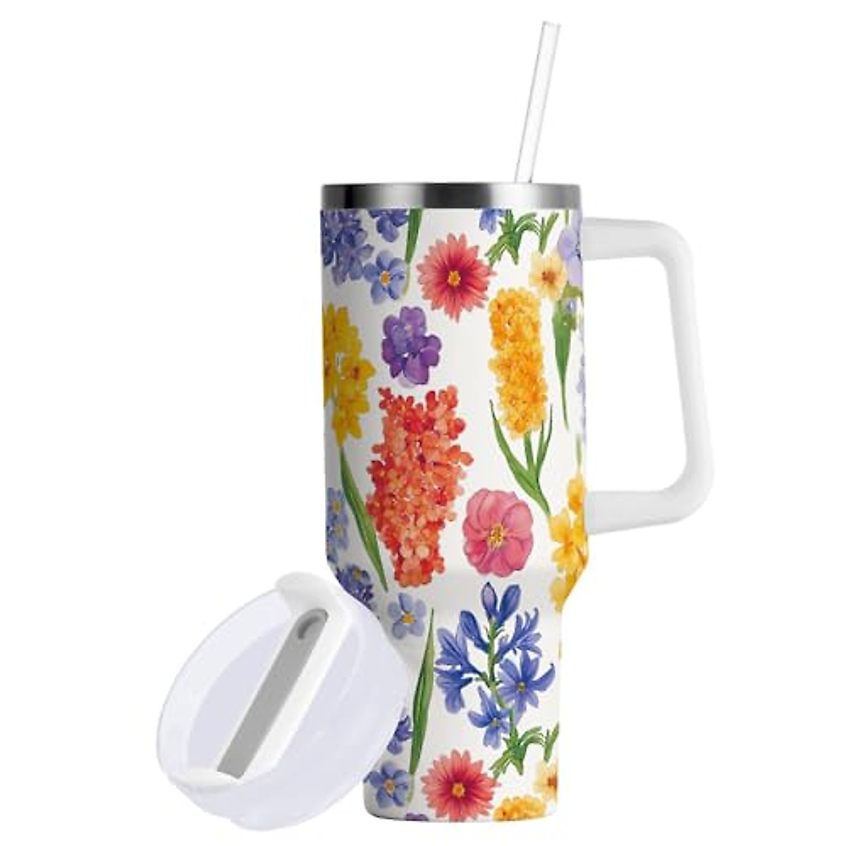 linqin Colourful Florals White Vacuum Tumbler Insulated with Lid and Straw 30 oz Running Water Bottle Reusable Travel Coffee Mug for Home, Office or Car