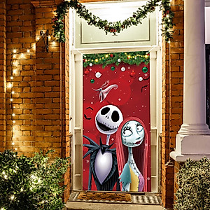 Nightmare Before Christmas Door Cover Jack Skellington Sally Zero Photo Backdrop Halloween Christmas Xmas Winter Holiday Decorations and Supplies for Home Party