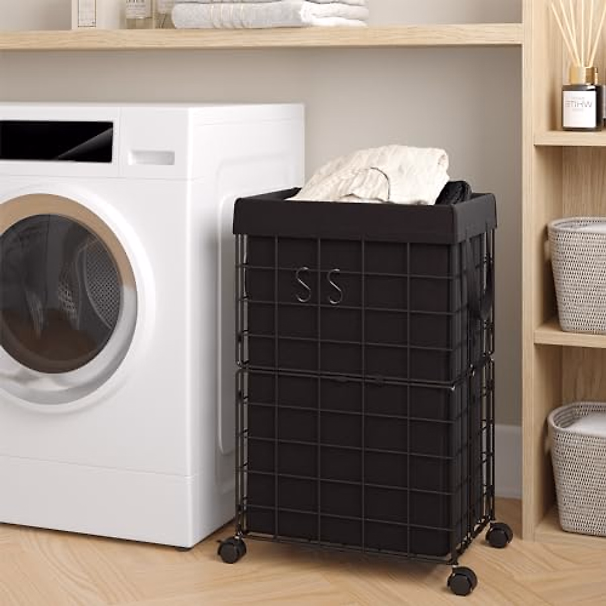 ELYKEN 2 Pack Laundry Hamper with Wheels, Durable Metal Wire Frame with Removable 70L/18.8Gal Capacity Inner Bag, Rolling Laundry Basket with Washable Liner Bag for Bathroom, Black