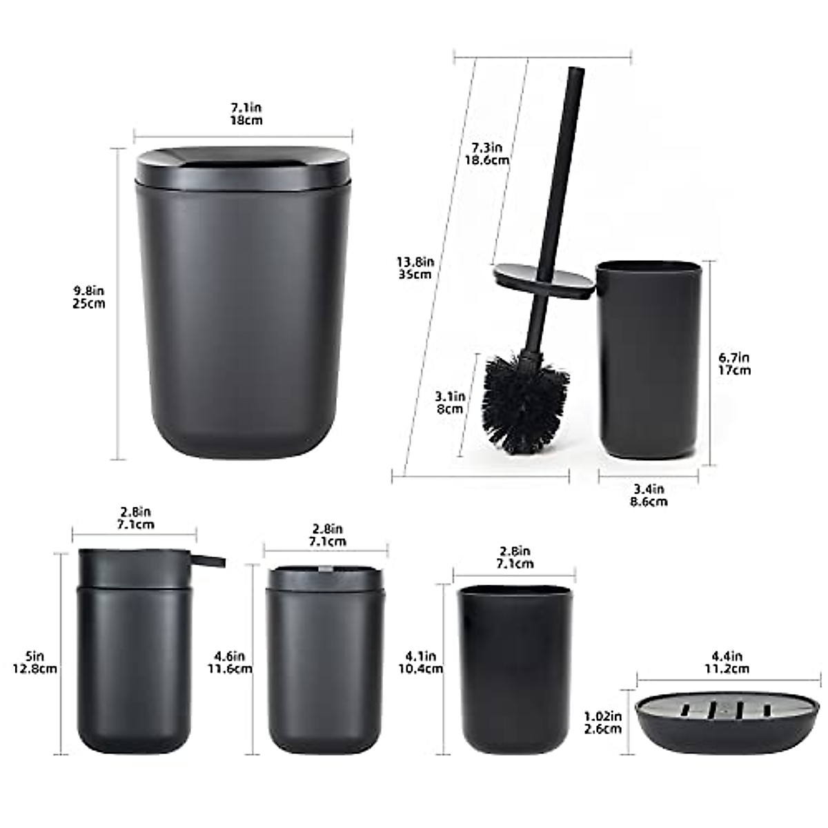 Bathroom Accessories Bath Set of 6 Complete, Toothbrush Holder, Soap Dispenser, Garbage Trash Can, Soap Dish, Toothbrush Cup and Toilet Brush Holder, Black