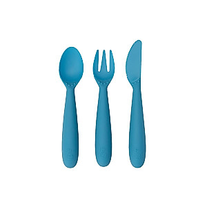 ezpz Happy Utensils - 100% BPA Free Fork, Spoon & Knife for Toddlers + Preschoolers + Self-Feeding - Designed by a Pediatric Feeding Specialist - 24 Months+ (Blue)