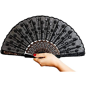 Hithop Hand Fan (Black) - Elegant Fabric Folding Hand Fan - Snaps Open, Easy to Handle. Cools effortlessly. Perfect Ballet and Dance Fan.