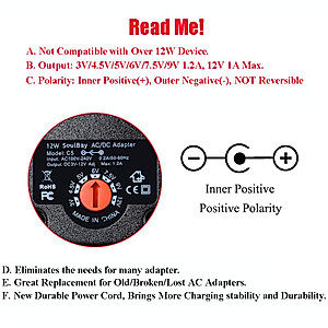 SoulBay 12W Universal AC Adapter 3V 4.5V 5V 6V 7.5V 9V 12V Switching DC Power Supply Charger Cord with 8 Tips for 3-12V Household Electronics - 1A Max