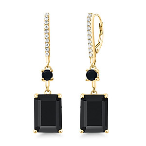 Gem Stone King 18K Yellow Gold Plated Silver Black Onyx Earrings For Women (13.94 Cttw, Gemstone Birthstone, Emerald Cut 14X10MM)