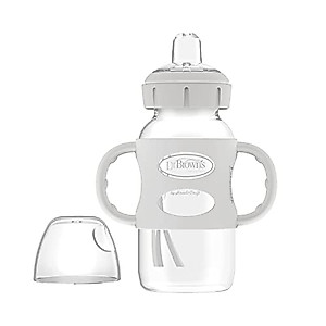 Dr. Brown’s® Milestones™ Wide-Neck Sippy Bottle with 100% Silicone Handles, Easy-Grip Bottle with Soft Sippy Spout, 9oz/270mL, BPA Free, Light-Blue & Gray, 2 Pack, 6m+