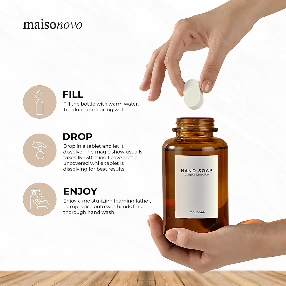 MaisoNovo Foaming Soap Dispenser - Hand Soap Refills for Foaming Dispenser - Amber Bottle 14 oz - 4 Mix Tablets