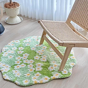 Moss Rug 3D Stereo Irregular Rug Nature Flowers Daisy Moss Rug for Living Room Bedroom Home Aesthetic Decor Floor Mat Indoor Floor Plush Shaggy Area Rug Anti-Slip Cute Rugs (39.4*39.4in) (green)