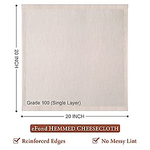 eFond Cheesecloth, Precut 20x20Inch, Grade 100 Hemmed Cheese Cloths for Cooking Reusable and Washable, 100% Unbleached Pure Cotton Muslin Cloths for Straining Butter, Cheese, Nut Milk (3 Pieces)
