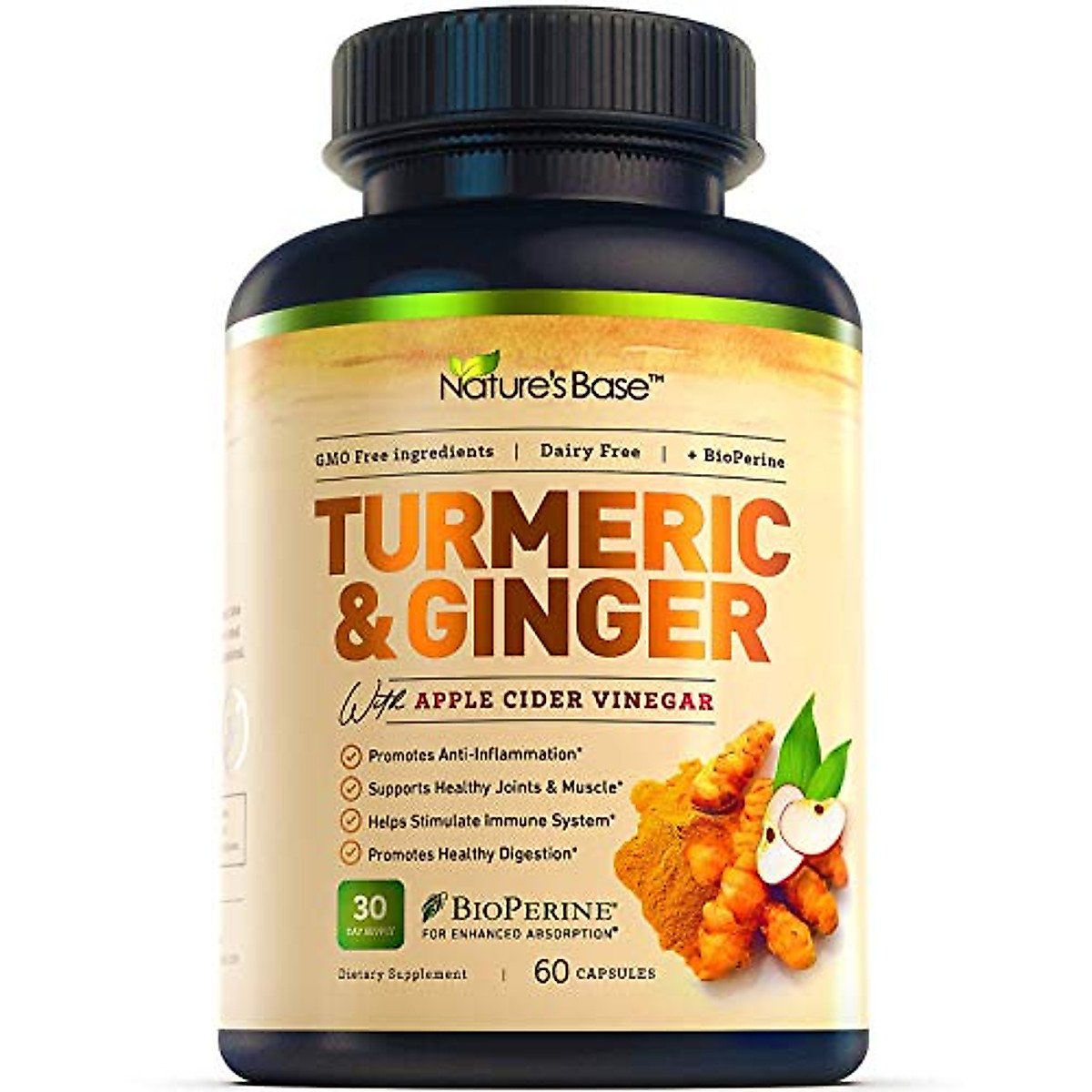 Turmeric Curcumin Supplement with Ginger & Apple Cider Vinegar, BioPerine Black Pepper, Tumeric & Ginger, 95% Curcuminoids & Joint Supplement, Antioxidant Tumeric Supplements Capsules, Nature's Base