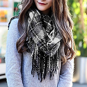 Chalier Womens Winter Plaid Infinity Scarf Warm Tassel Circle Loop Scarves & Knit Fall Scarfs for Women(03 Black+white)
