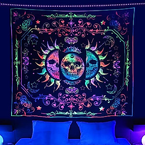 Tapestry Blacklight Tapestry Sun and Moon Tapestry UV Reactive Skull Tapestries Tirppy Wall Hanging psychedelic Black light Skeleton Tapestry for bedroom aesthetics Party Decor Poster 60x51 inch