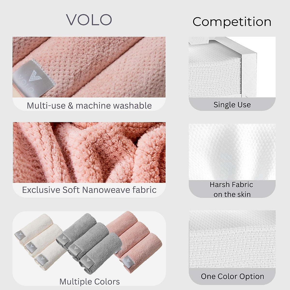 VOLO Hero Salt White Face Towel | Reusable Facial Wash Cloths | Makeup Remover & Post Shower Washcloths | Ultra Soft, Absorbent, Gentle, Fast Drying Nanoweave Fabric Face Towels | Microfiber 3PK
