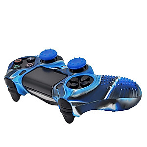 SKINOWN Silicone Case Anti-Slip Protective Grip Cover for PS4 Controller with 4 Thumb Grips(Blue Camo)