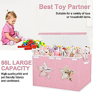 Xmasorme Large Toy Box for Girls, Toy Chest Box Organizer Bins with Star Transparent Windows, Sturdy Handles and Mesh Bag, Foldable Large Size Storage Box for Nursery, Playroom, Bedroom
