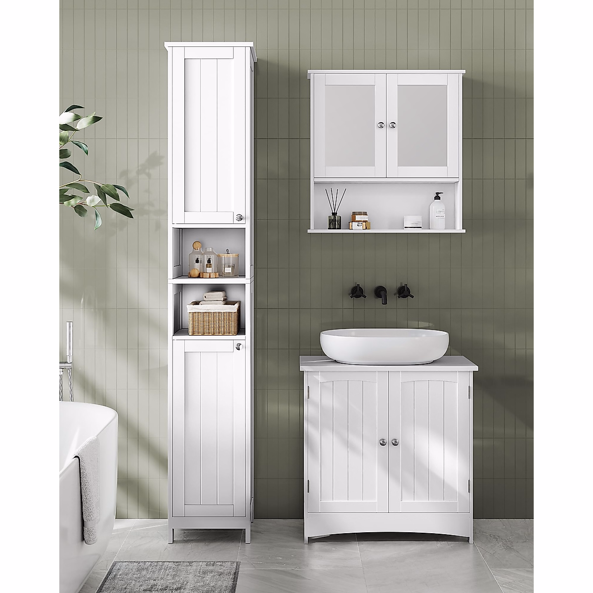 VASAGLE Tall Bathroom Cabinet with Lights, Slim Freestanding Bathroom Storage Cabinet with Adjustable Shelves, for Small Spaces, Modern, 11.8 Inches Wide, Cloud White UBBC566W02